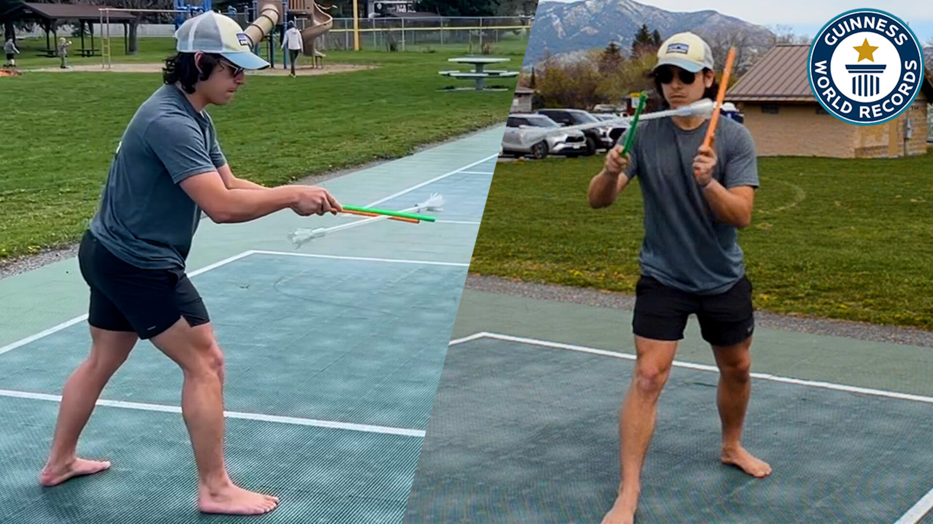 Andrew bate o recorde de mais voltas de helicóptero com paus do diabo num minuto