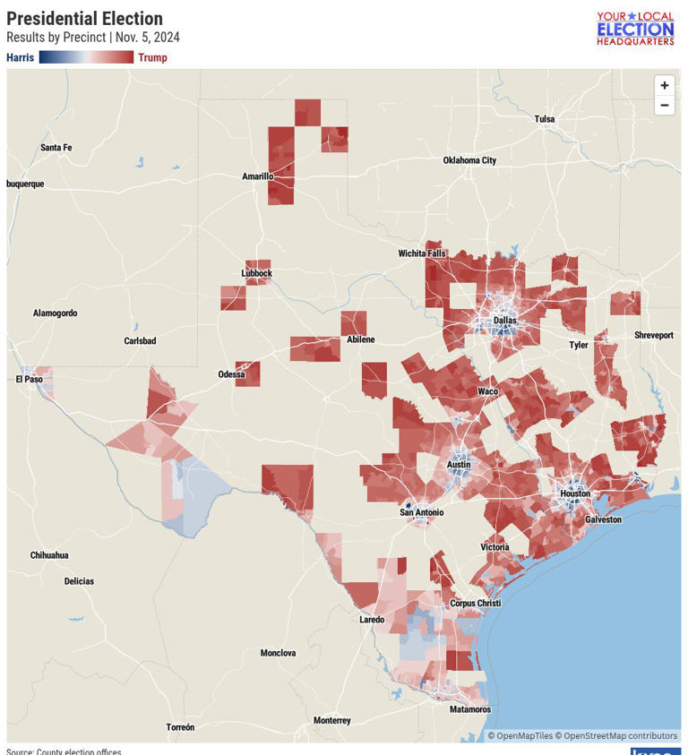 A comprehensive map of how Texans voted in the 2024 presidential election