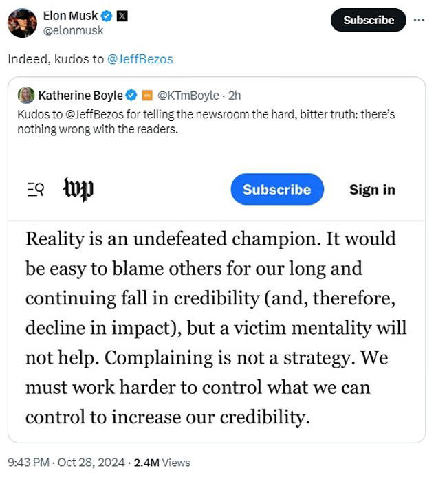 Jeff Bezos' blunt response to Musk's claim he predicted Trump loss Jeff Bezos' blunt response to Musk's claim he predicted Trump loss