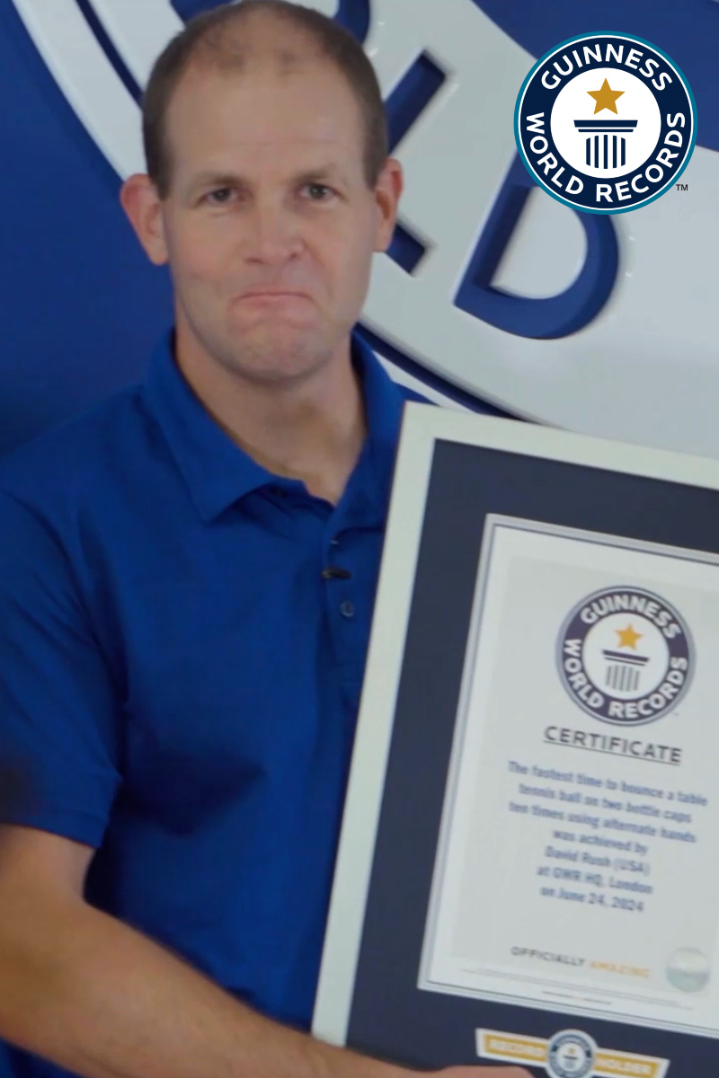 Record shattered, fastest time to hit 10 bottle caps with a ping pong ball