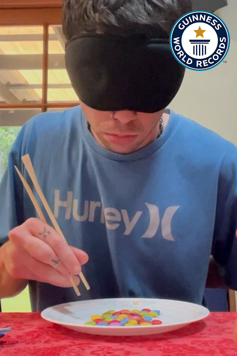 New world record, most M&Ms eaten blindfolded in one minute