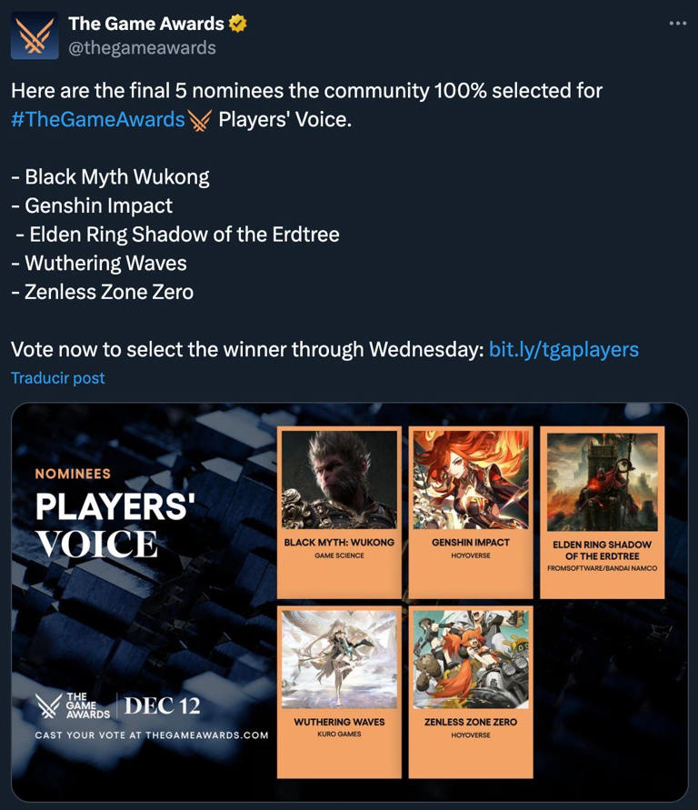 Los nominados al GOTY popular en The Game Awards 2024 ponen en duda el criterio del público