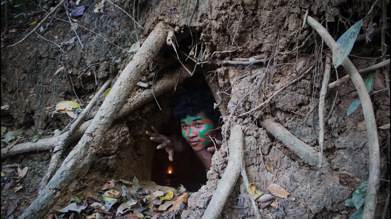 Hidden underground house and pool made only from mud and stone no tools ...