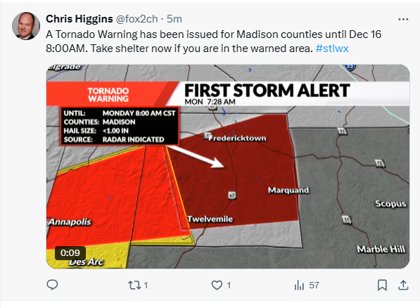 Tornado warning expires for counties southwest of St. Louis