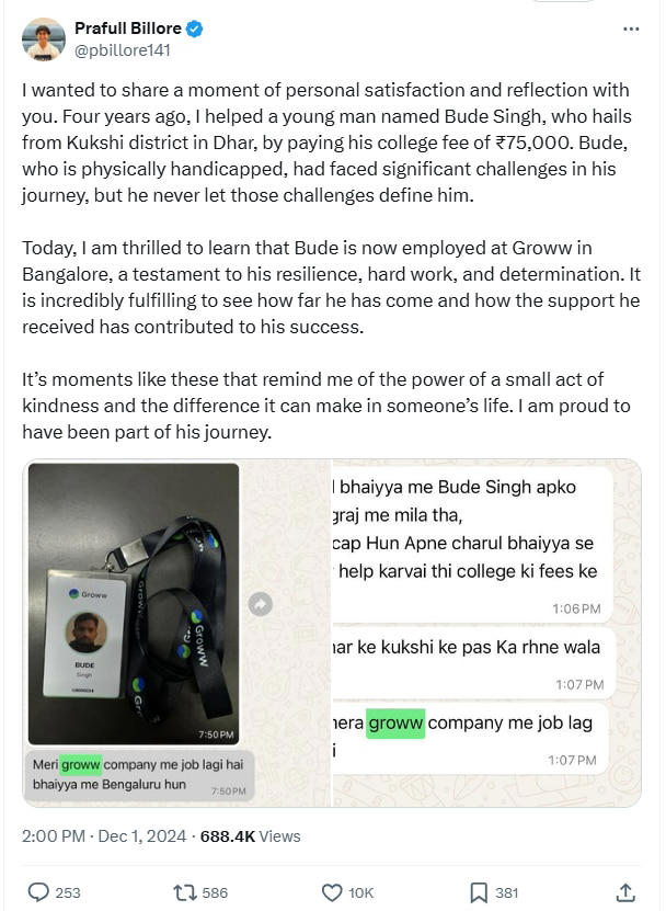 MBA Chai Wala Prafull Billore shares heartfelt story of helping disabled man