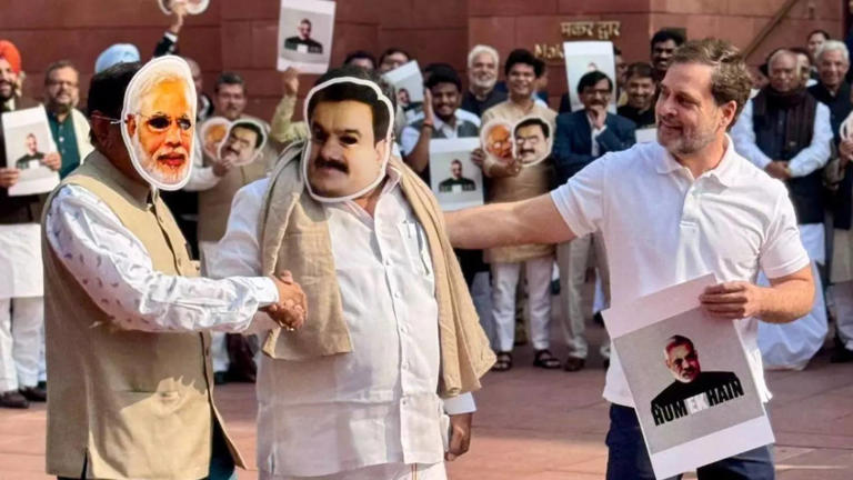 Watch: Rahul Gandhi takes a dig at PM Modi and Adani in a staged ... Watch: Rahul Gandhi takes a dig at PM Modi and Adani in a staged ...