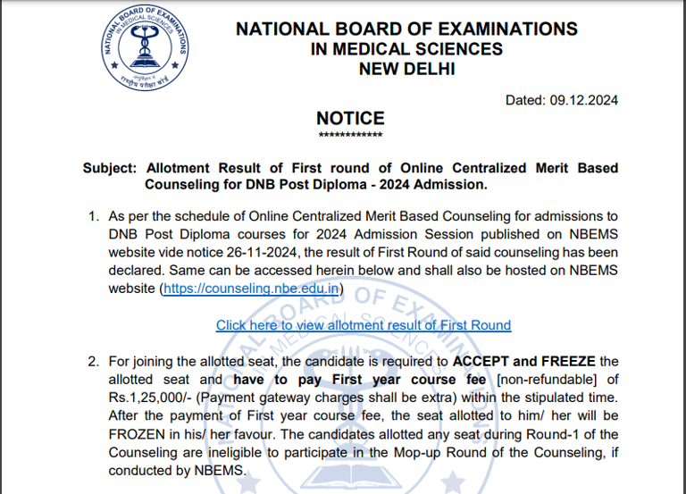 DNB Counselling 2024: Round 1 seat allotment results released at natboard.edu.in, Direct link to ...