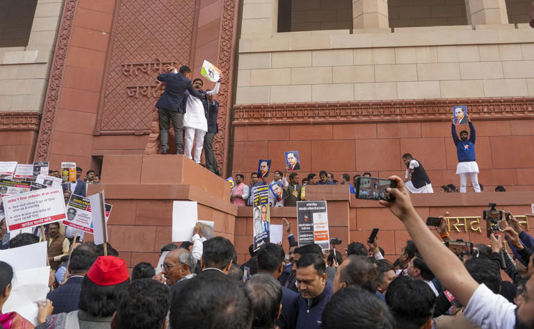 NDA, INDIA bloc MPs come face to face at Parliament's Makar Dwar; BJP alleges Rahul pushed its MP