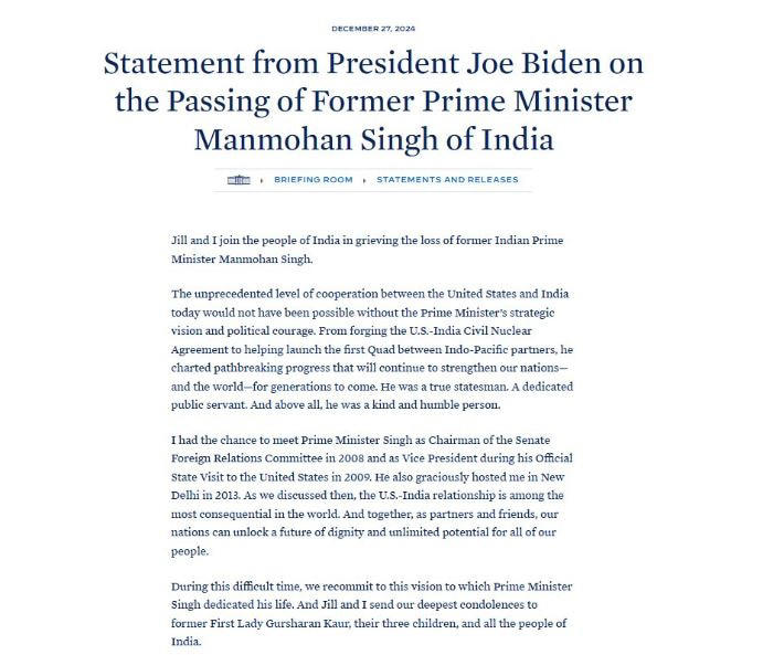 Joe Biden, first lady Jill pay tribute to Manmohan Singh: 'True statesman' Joe Biden, first lady Jill pay tribute to Manmohan Singh: 'True statesman'