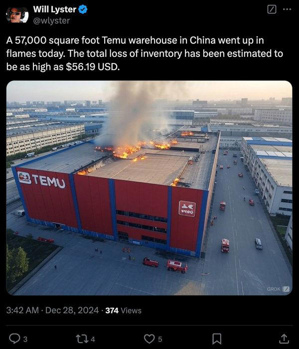 Photo Showing Large Temu Warehouse Fire in China Is Fake