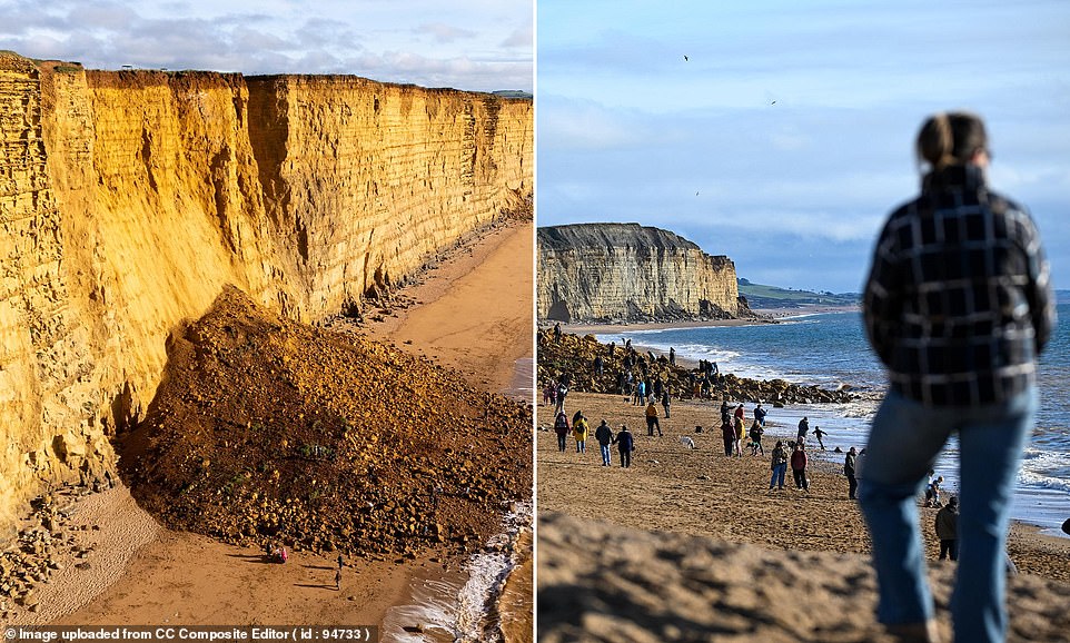 Huge cliff collapses sending tonnes of rock plunging 150ft onto beach