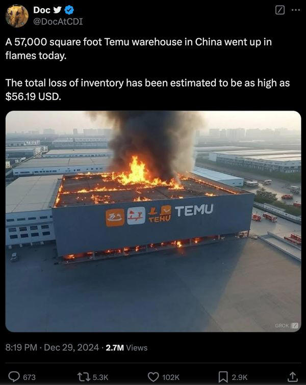 Photo Showing Large Temu Warehouse Fire in China Is Fake