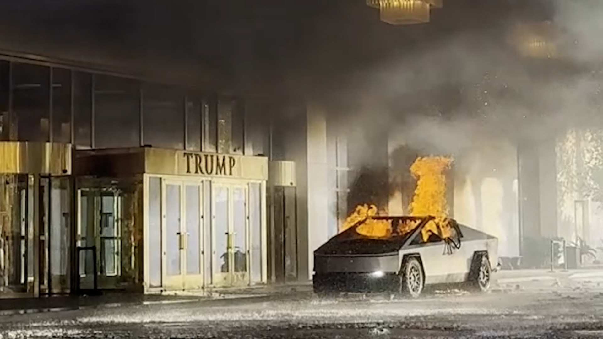 Immediate aftermath of Tesla Cybertruck explosion out side Trump hotel