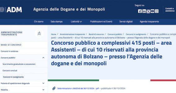 Concorso Agenzia delle Dogane 2025: bando di 415 posti per diplomati