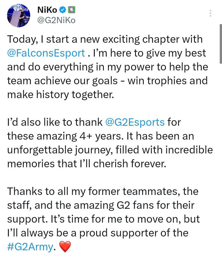 Niko发文告别G2！m0NESY表示遗憾！