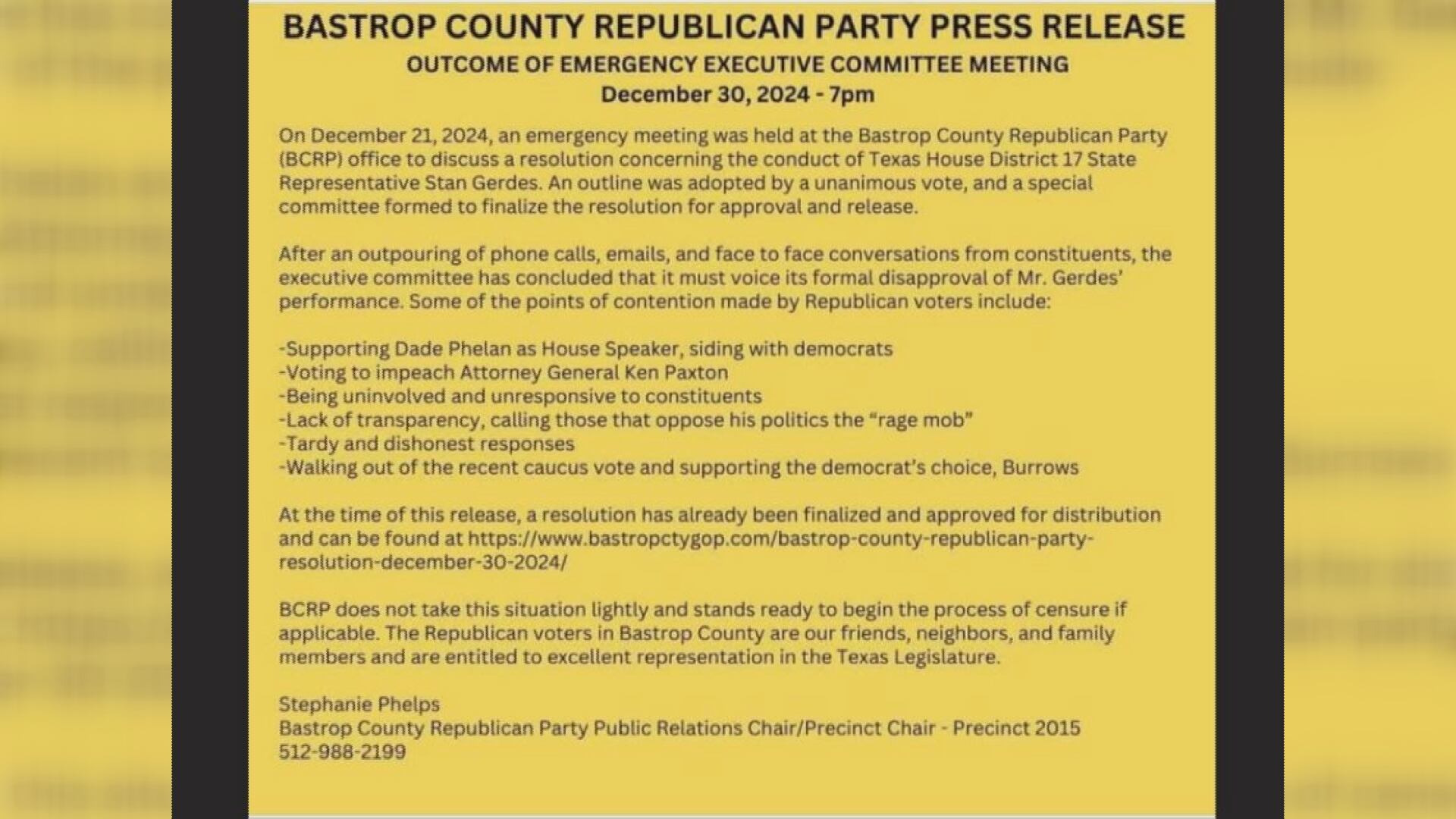 Bastrop County Republican Party expresses issues with Rep. Stan Gerdes ...