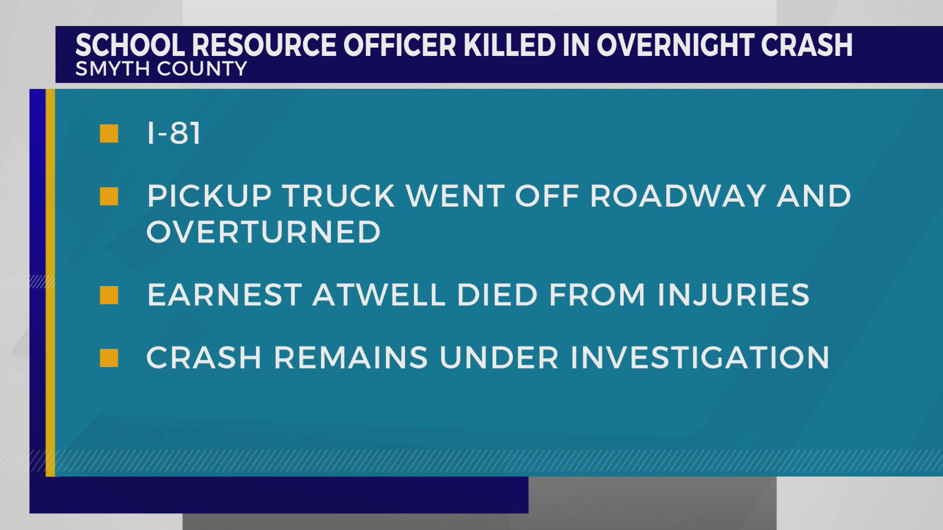 VSP: Smyth Co. school resource officer killed in overnight crash on I-81 VSP: Smyth Co. school resource officer killed in overnight crash on I-81