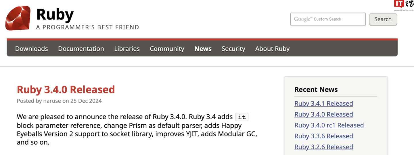编程语言 Ruby 3.4 正式发布：引入“it”块参数引用方式等