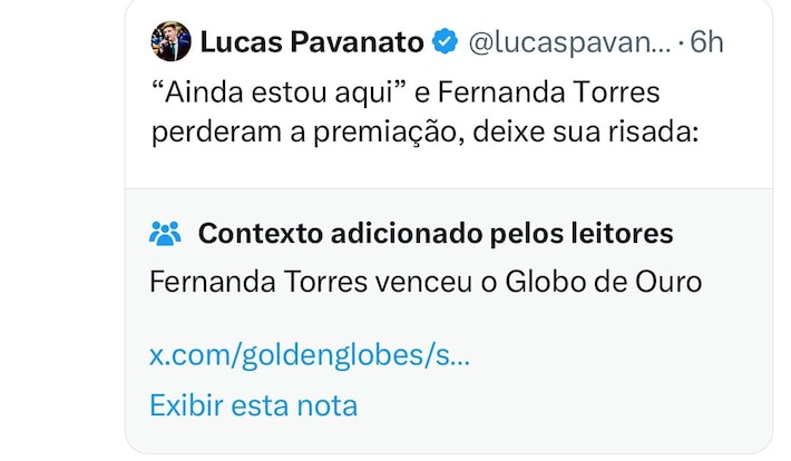 Lucas Pavanato comemora ‘derrota’ de Fernanda Torres no Globo de Ouro e é corrigido no X: ‘Venceu’