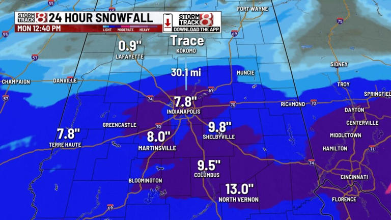 Indiana snowfall totals from January 5-6, 2025 winter storm
