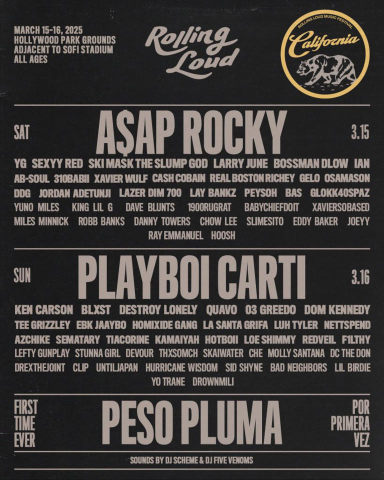 Rolling Loud California reveals 2025 lineup; A$AP Rocky, Playboi Carti and Peso Pluma to headline