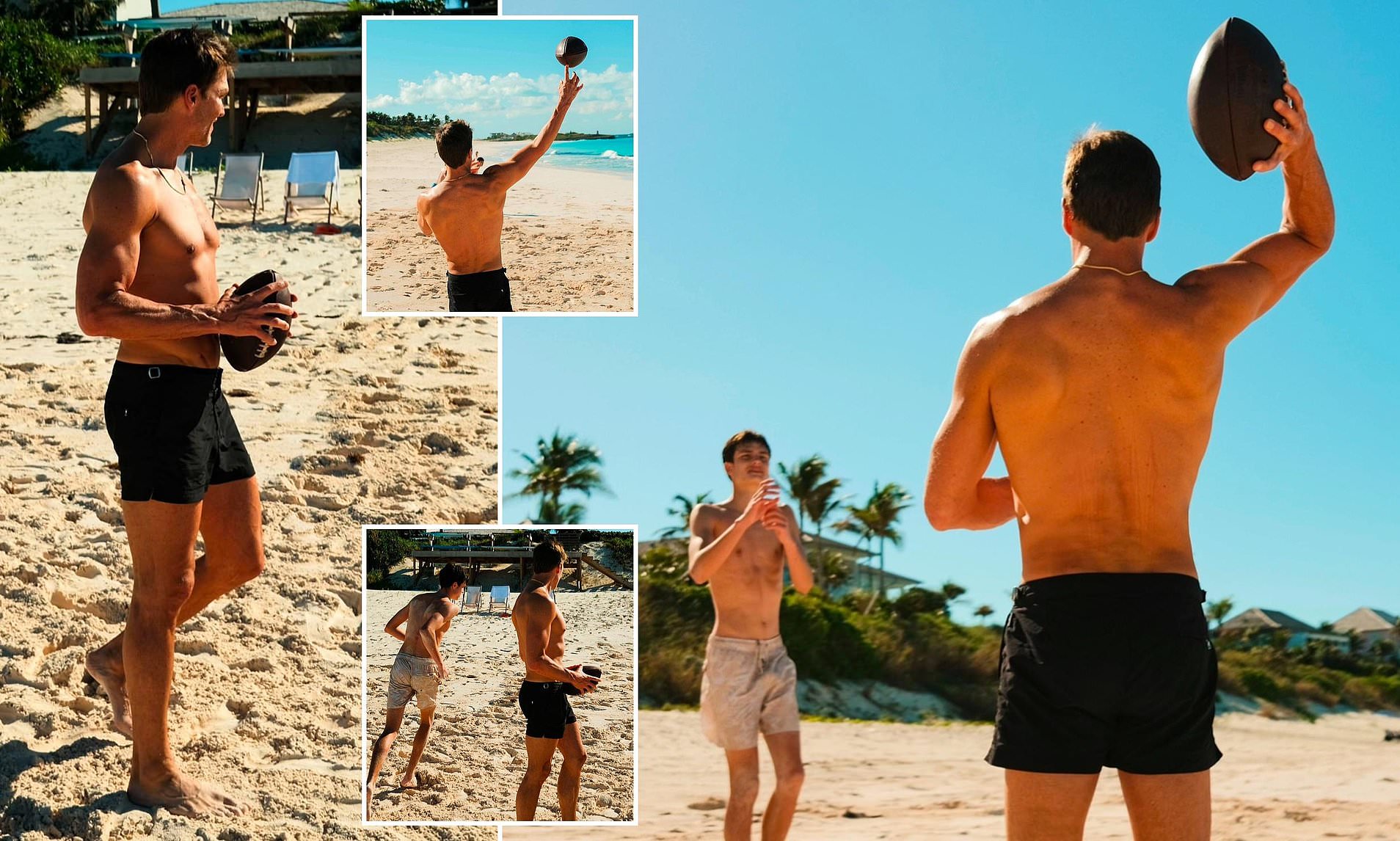 Tom Brady goes shirtless for football game with son Jack on the beach before NFL playoff ...