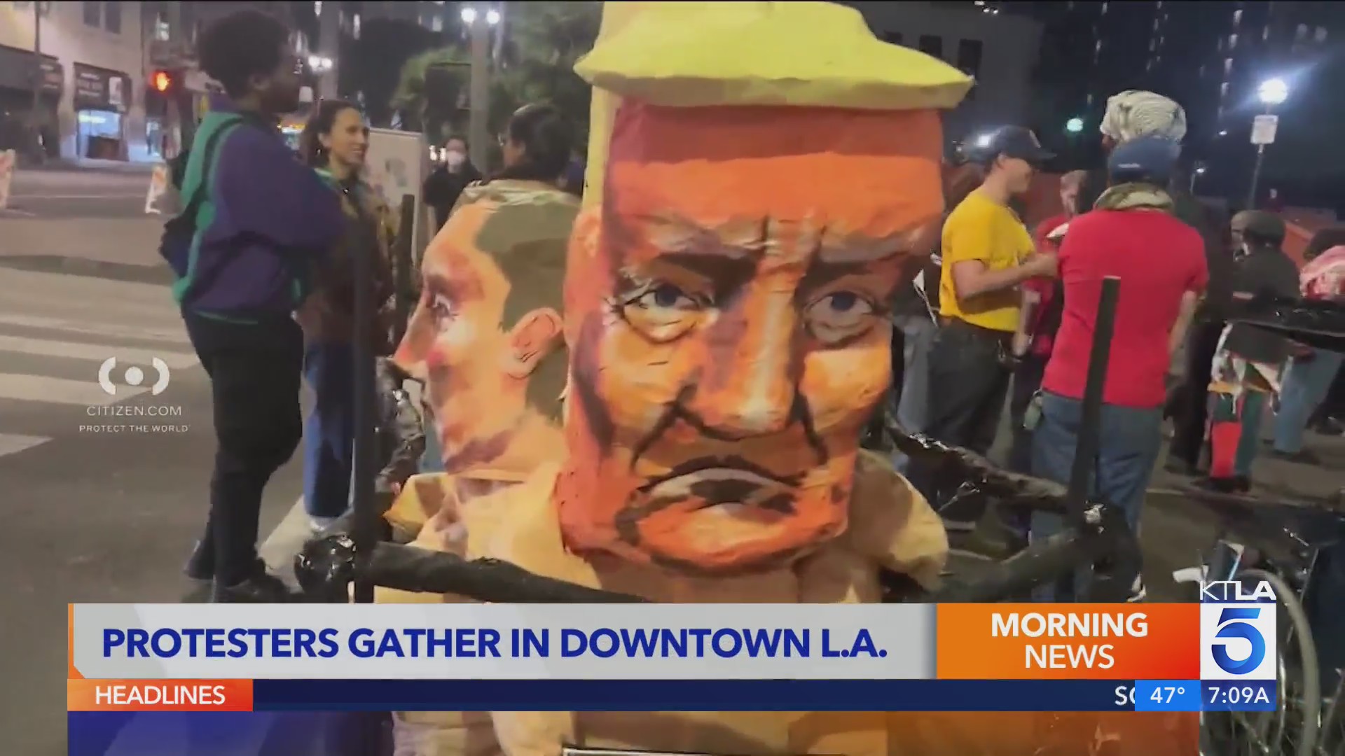 Demonstrators with Trump, Musk effigies seen in downtown Los Angeles on ...