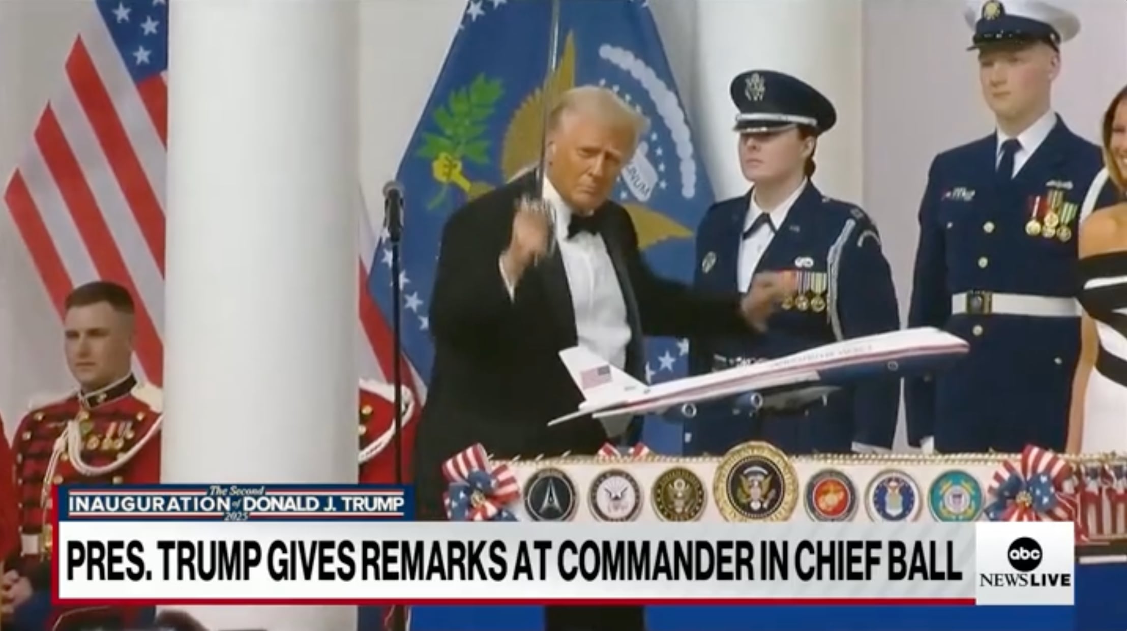 Trump Marks Return to Office by Waving a Sword Around to ‘YMCA’