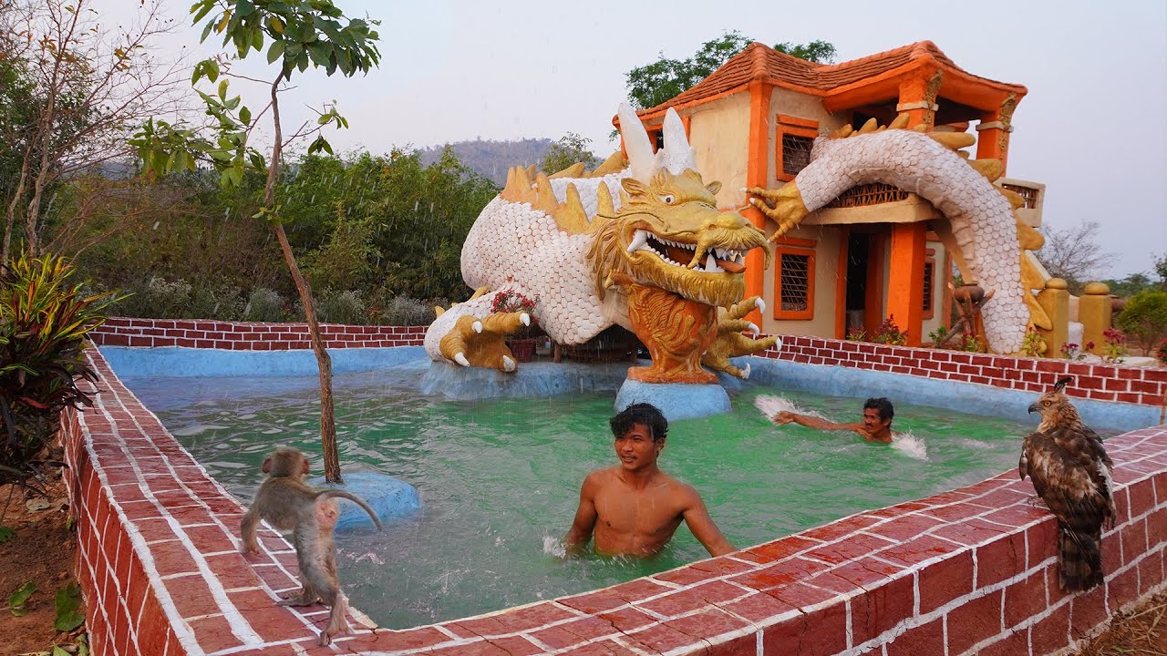 Build the most beautiful secret water slide to pretty brick swimming pool