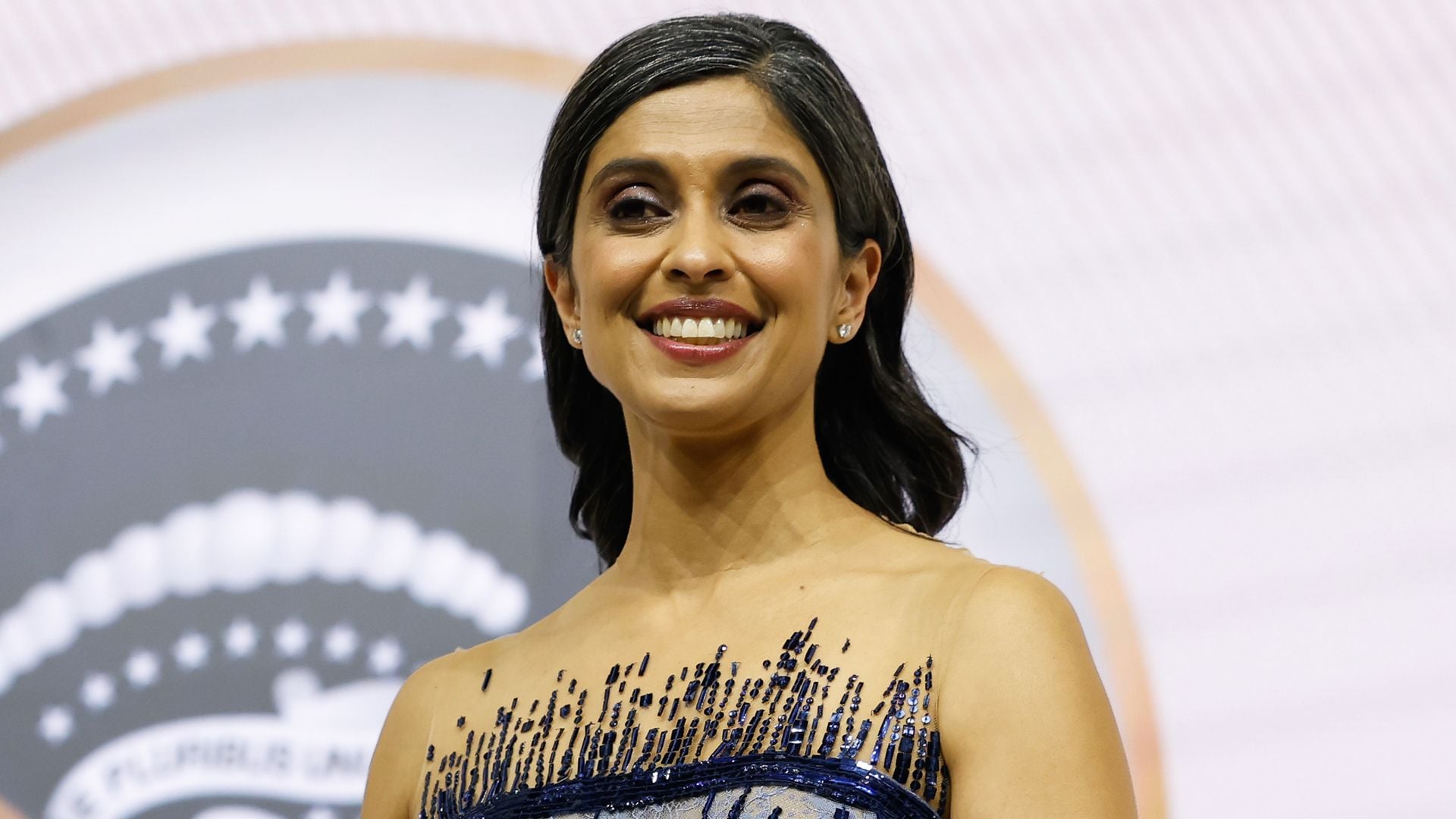 Usha Vance wears stunning sapphire gown by Lebanese fashion designer at ...