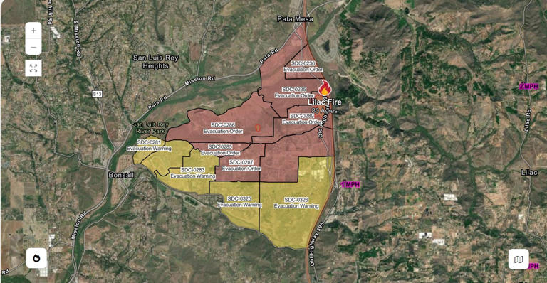 Lilac Fire Evacuation Map: San Diego County Residents Told to Leave Homes