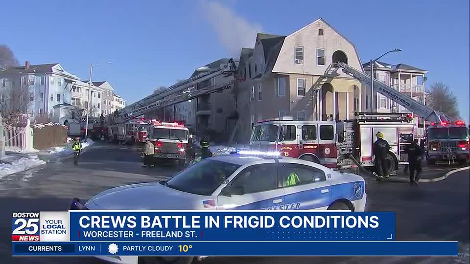 Firefighters battle third alarm blaze in frigid conditions in Worcester