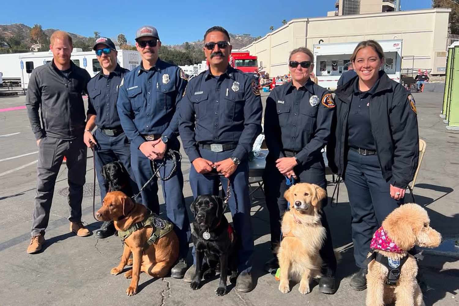 Prince Harry Visits with Firefighters and Therapy Dogs Ahead of Tabloid ...