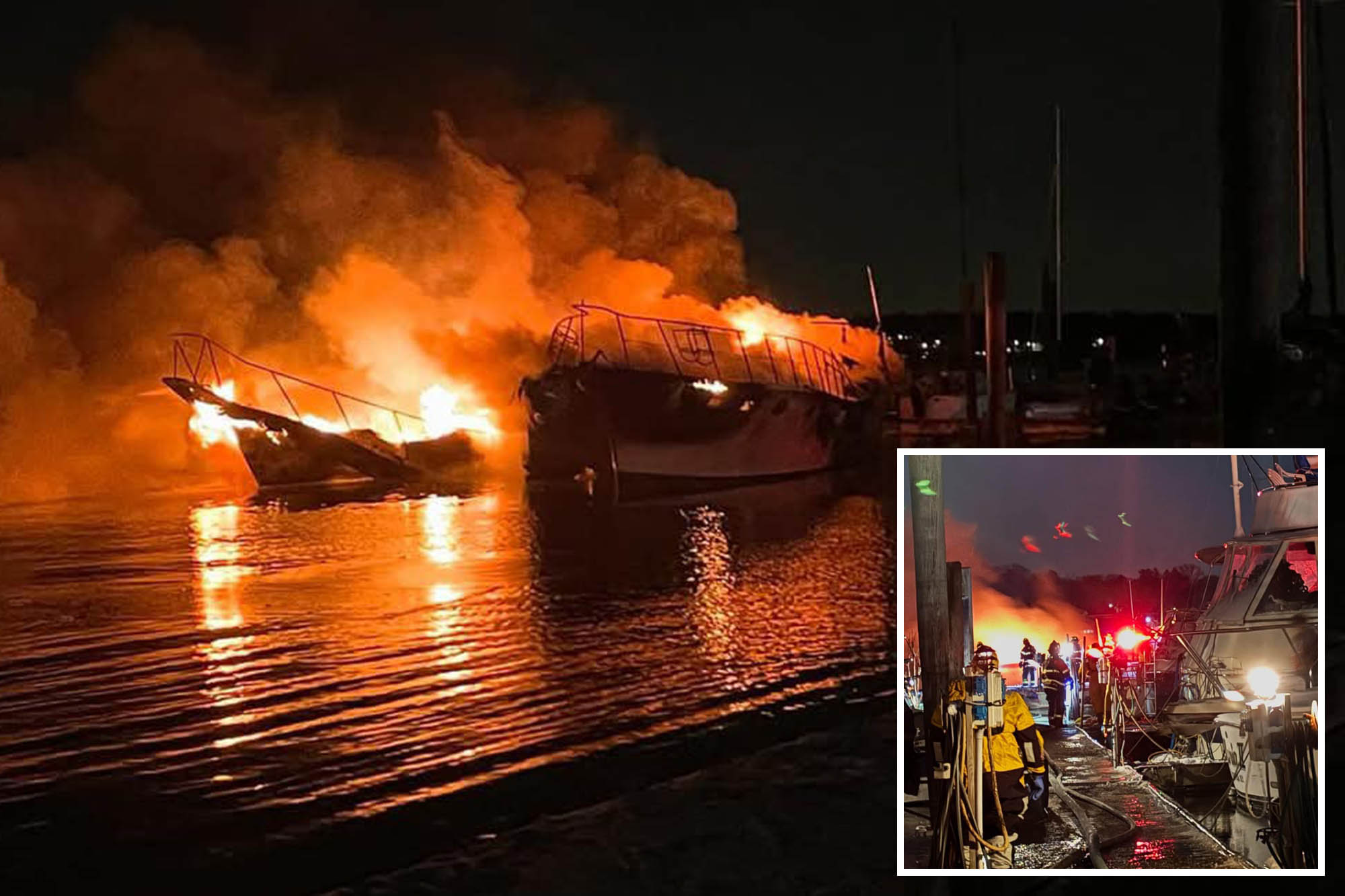 Boater hospitalized as two yachts catch fire and sink at Long Island marina