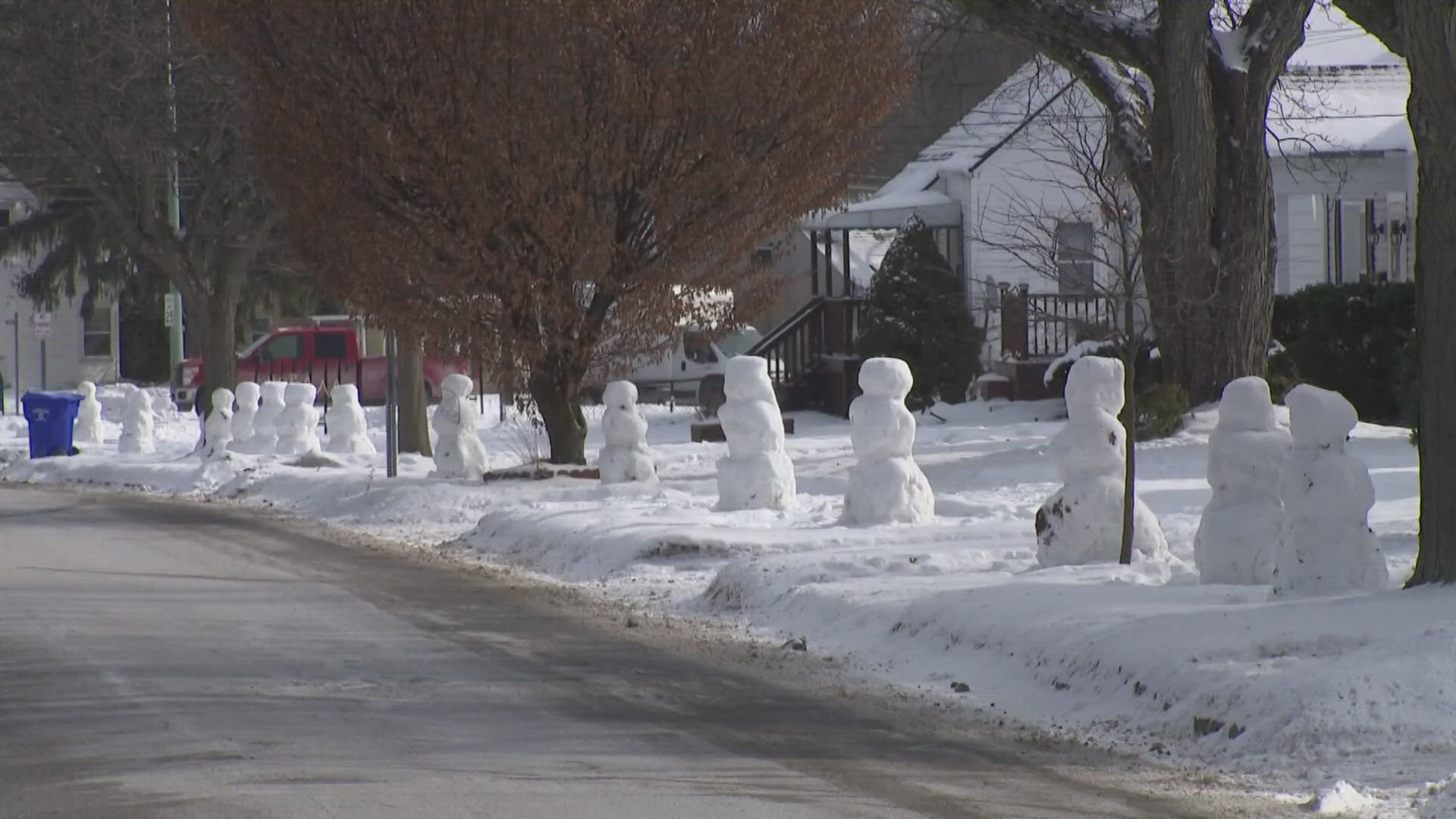 Dozens of snowmen line Ohio road