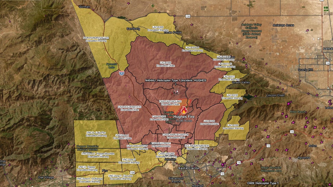 Fire map: Fast-moving Hughes Fire prompts evacuation orders, warnings