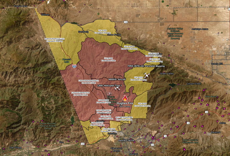 Castaic Lake Fire: See Hughes Fire Perimeter, Evacuation Areas