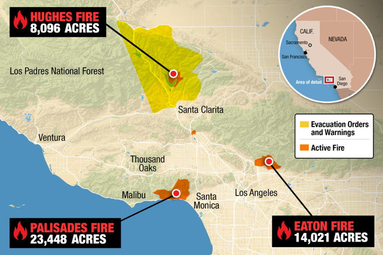 Hughes Fire, latest horrific wildfire to explode in LA area, forces ...
