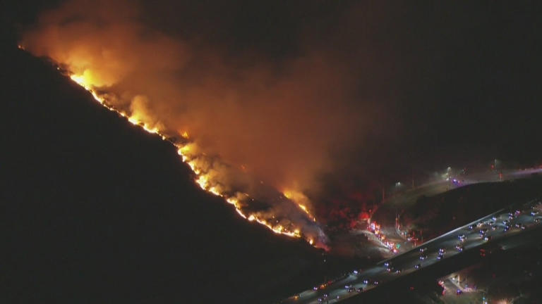Fire breaks out along 405 Freeway in Sepulveda Pass