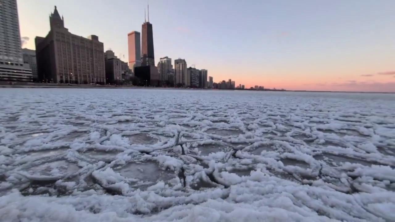 Pancake ice floats on Lake Michigan in Chicago