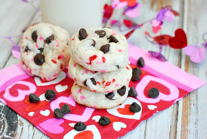 Valentine's Day chocolate chip cake mix cookies