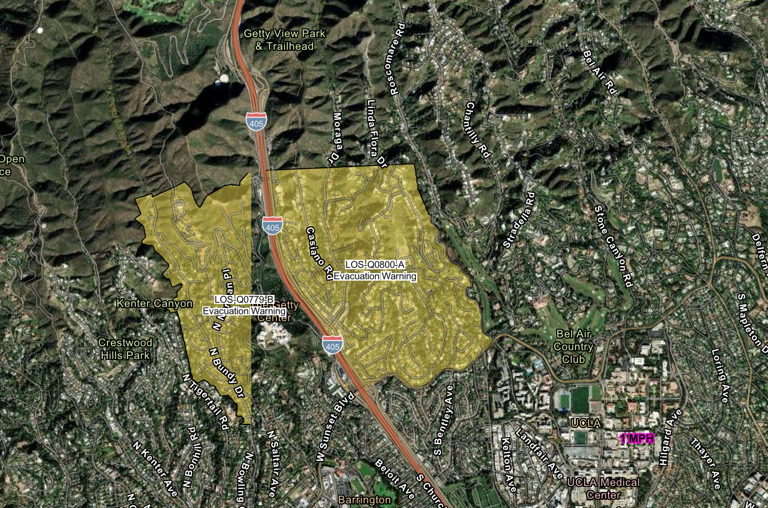 Sepulveda Pass Fire: See 405 Fire Perimeter, Evacuation Warning Areas