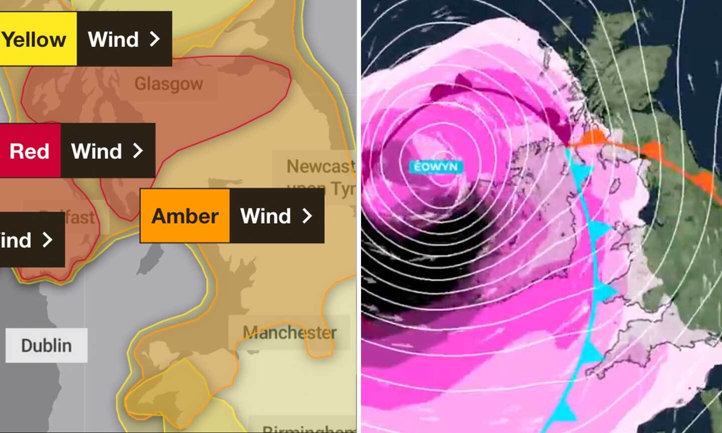 Storm Eowyn maps show Met Office red warnings with 100mph gusts and ...
