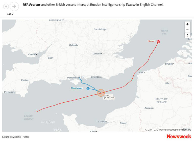 Map Shows NATO Ship Intercepting Russian Spy Vessel Approaching Coast