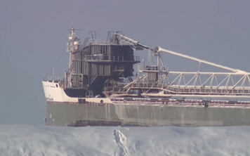 Ship stuck in ice off Lake Erie shoreline in Buffalo