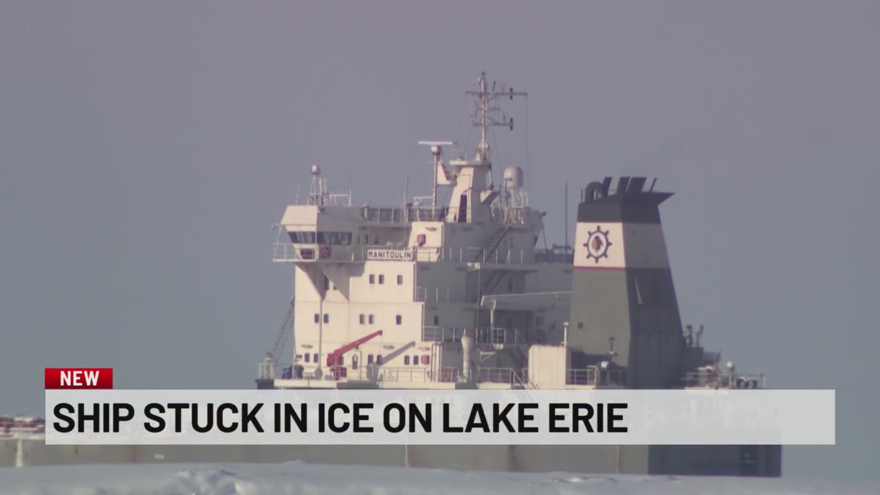 Ship stuck in ice off Lake Erie shoreline in Buffalo