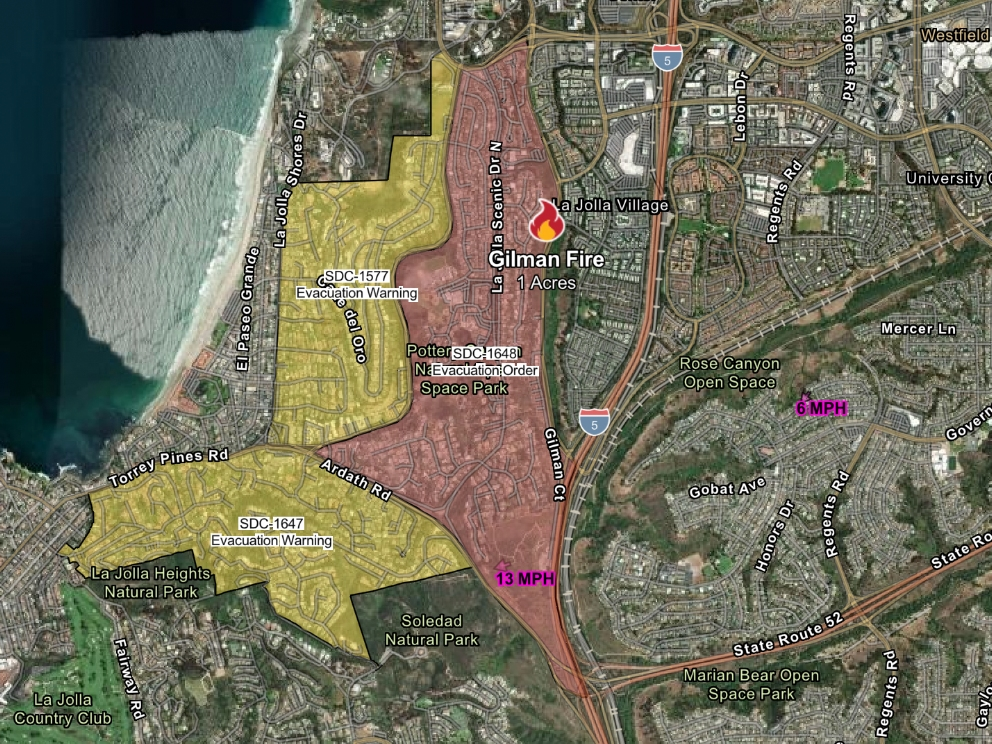 La Jolla Fire: See Gilman Fire Perimeter, Evacuation Map
