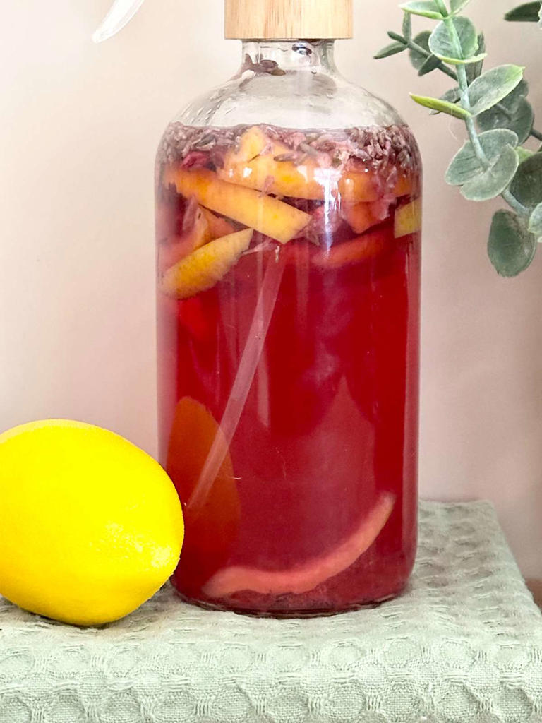 DIY rose petal, lavender and lemon surface cleaner spray