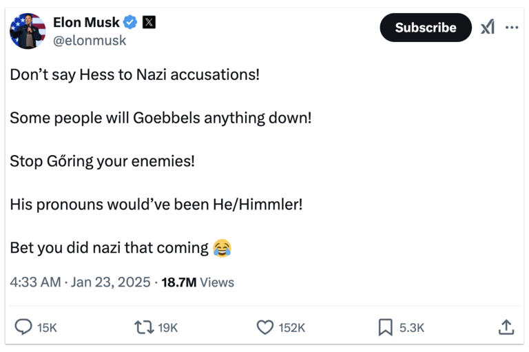 Elon Musk Laughs Off 'Nazi Salute' Backlash With Series of Jokes: 'Bet ...