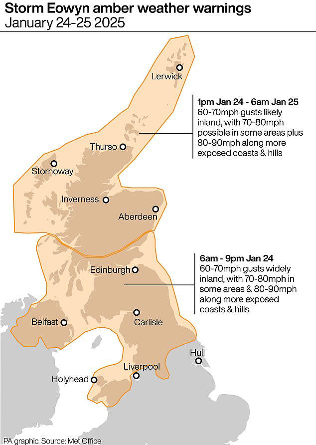 Storm Eowyn 92mph winds shut schools and cancel trains in Britain